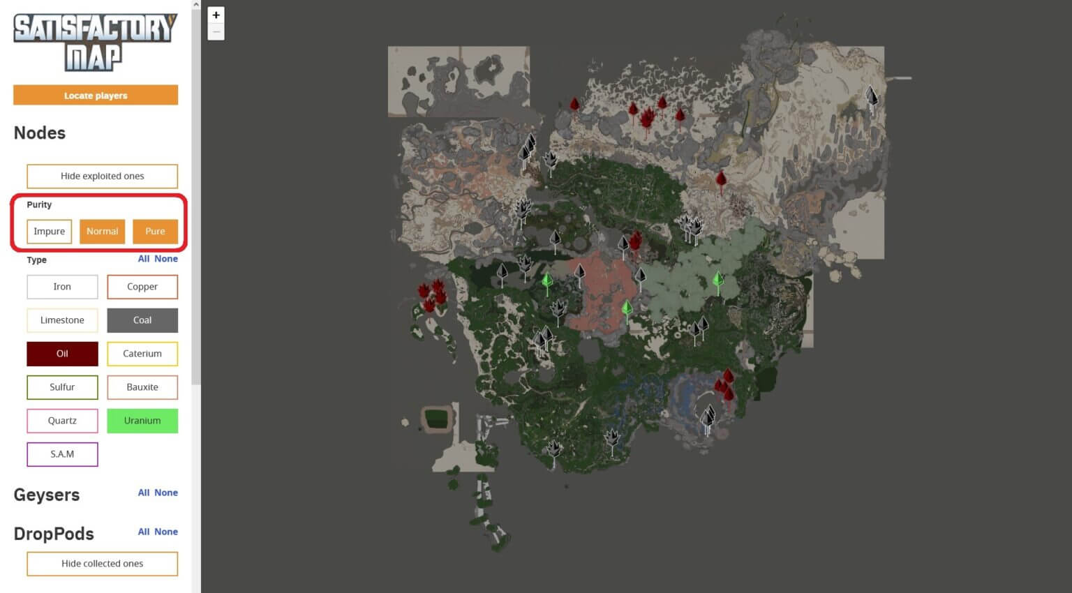 Satisfactory: interactive map of the world - resources, disks, geysers ...