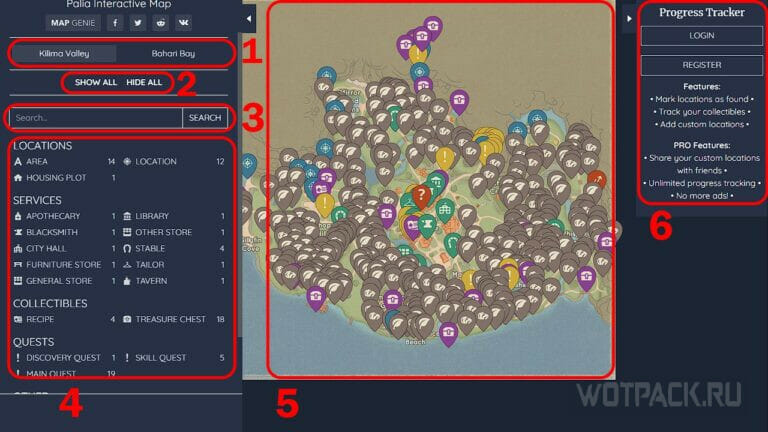 Interactive map of Palia: all symbols in Russian